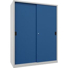Schwerlast-Schiebetürenschrank, Höhe 1950 mm, Vollblechtüren, BxT 1500 x 600 mm, mit Trennwand und 2 x 4 Fachböden, Tür enzianblau kaiserkraft