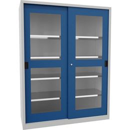 Schiebetürenschrank, Höhe 1950 mm, Sichtfenstertüren, BxT 1500 x 600 mm, mit Trennwand und 2 x 4 Fachböden, Tür enzianblau kaiserkraft