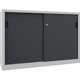 Schiebetürenschrank, Höhe 1000 mm, Vollblechtüren, BxT 1500 x 600 mm, mit Trennwand und 2 x 2 Fachböden, Tür anthrazit kaiserkraft
