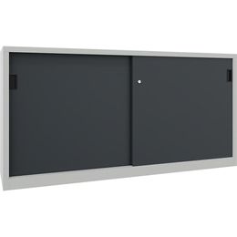 Schiebetürenschrank, Höhe 1000 mm, Vollblechtüren, BxT 2000 x 600 mm, mit Trennwand und 2 x 2 Fachböden, Tür anthrazit kaiserkraft