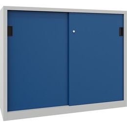 Schwerlast-Schiebetürenschrank, Höhe 1200 mm, Vollblechtüren, BxT 1500 x 600 mm, mit Trennwand und 2 x 2 Fachböden, Tür enzianblau kaiserkraft