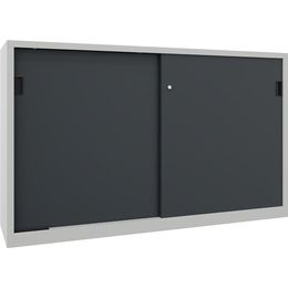 Pavoy Schiebetürenschrank, Höhe 1200 mm, Vollblechtüren, BxT 2000 x 600 mm, mit Trennwand und 2 x 2 Fachböden, Tür anthrazit