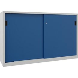 Pavoy Schwerlast-Schiebetürenschrank, Höhe 1200 mm, Vollblechtüren, BxT 2000 x 600 mm, mit Trennwand und 2 x 2 Fachböden, Tür enzianblau