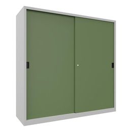 Schiebetürenschrank, Höhe 1950 mm, Vollblechtüren, BxT 2000 x 600 mm, mit Trennwand und 2 x 4 Fachböden, Tür resedagrün kaiserkraft