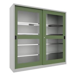 Schiebetürenschrank, Höhe 1950 mm, Sichtfenstertüren, BxT 2000 x 500 mm, mit Trennwand und 2 x 4 Fachböden, Tür resedagrün kaiserkraft