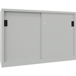 Schiebetürenschrank, Höhe 1000 mm, Vollblechtüren, BxT 1500 x 600 mm, mit Trennwand und 2 x 2 Fachböden, Tür lichtgrau kaiserkraft