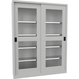 Schiebetürenschrank, Höhe 1950 mm, Sichtfenstertüren, BxT 1500 x 400 mm, mit Trennwand und 2 x 4 Fachböden, Tür lichtgrau kaiserkraft