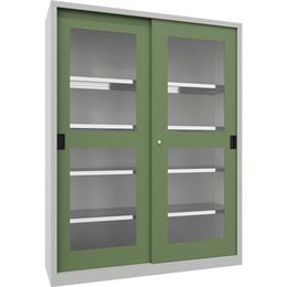 Pavoy Schiebetürenschrank, Höhe 1950 mm, Sichtfenstertüren, BxT 1500 x 500 mm, mit Trennwand und 2 x 4 Fachböden, Tür resedagrün