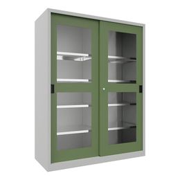 Schiebetürenschrank, Höhe 1950 mm, Sichtfenstertüren, BxT 1500 x 600 mm, mit Trennwand und 2 x 4 Fachböden, Tür resedagrün kaiserkraft