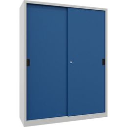 Schiebetürenschrank, Höhe 1950 mm, Vollblechtüren, BxT 1500 x 500 mm, mit Trennwand und 2 x 4 Fachböden, Tür enzianblau kaiserkraft