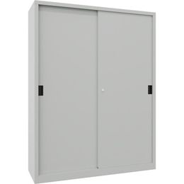 Schiebetürenschrank, Höhe 1950 mm, Vollblechtüren, BxT 1500 x 500 mm, mit Trennwand und 2 x 4 Fachböden, Tür lichtgrau kaiserkraft