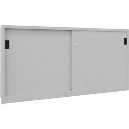 Schiebetürenschrank, Höhe 1000 mm, Vollblechtüren, BxT 2000 x 600 mm, mit Trennwand und 2 x 2 Fachböden, Tür lichtgrau kaiserkraft
