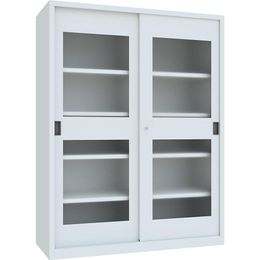 Schiebetürenschrank, Höhe 1950 mm, Sichtfenstertüren, BxT 1500 x 600 mm, mit Trennwand und 2 x 4 Fachböden, Tür lichtgrau kaiserkraft