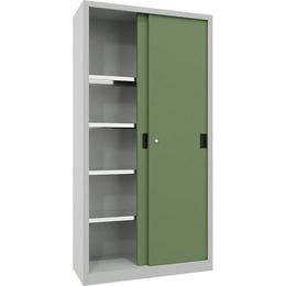 Schiebetürenschrank, Höhe 1950 mm, Vollblechtüren, BxT 1000 x 400 mm, mit 4 Fachböden, Tür resedagrün kaiserkraft