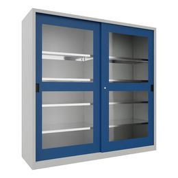 Schiebetürenschrank, Höhe 1950 mm, Sichtfenstertüren, BxT 2000 x 600 mm, mit Trennwand und 2 x 4 Fachböden, Tür enzianblau kaiserkraft