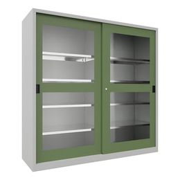 Schiebetürenschrank, Höhe 1950 mm, Sichtfenstertüren, BxT 2000 x 600 mm, mit Trennwand und 2 x 4 Fachböden, Tür resedagrün kaiserkraft