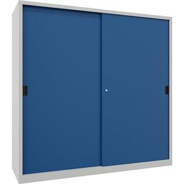 Schwerlast-Schiebetürenschrank, Höhe 1950 mm, Vollblechtüren, BxT 2000 x 600 mm, mit Trennwand und 2 x 4 Fachböden, Tür enzianblau kaiserkraft