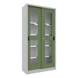 Schiebetürenschrank, Höhe 1950 mm, Sichtfenstertüren, BxT 1000 x 400 mm, mit 4 Fachböden, Tür resedagrün kaiserkraft