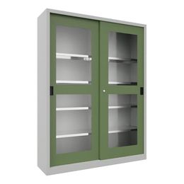 Schiebetürenschrank, Höhe 1950 mm, Sichtfenstertüren, BxT 1500 x 400 mm, mit Trennwand und 2 x 4 Fachböden, Tür resedagrün kaiserkraft