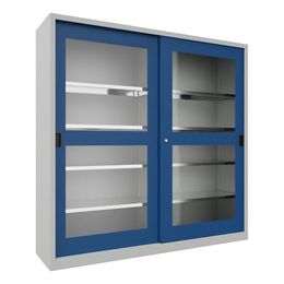 Schiebetürenschrank, Höhe 1950 mm, Sichtfenstertüren, BxT 2000 x 500 mm, mit Trennwand und 2 x 4 Fachböden, Tür enzianblau kaiserkraft
