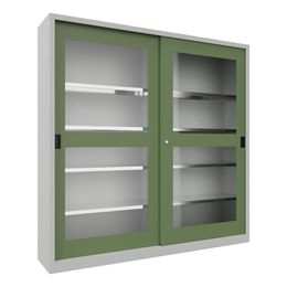 Schiebetürenschrank, Höhe 1950 mm, Sichtfenstertüren, BxT 2000 x 400 mm, mit Trennwand und 2 x 4 Fachböden, Tür resedagrün kaiserkraft