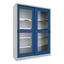Schiebetürenschrank, Höhe 1950 mm, Sichtfenstertüren, BxT 1500 x 400 mm, mit Trennwand und 2 x 4 Fachböden, Tür enzianblau kaiserkraft