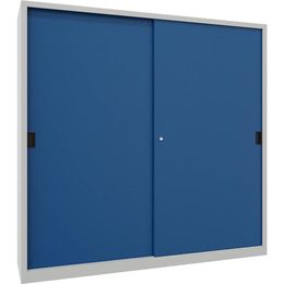 Schiebetürenschrank, Höhe 1950 mm, Vollblechtüren, BxT 2000 x 500 mm, mit Trennwand und 2 x 4 Fachböden, Tür enzianblau kaiserkraft