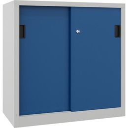 Schiebetürenschrank, Höhe 1000 mm, Vollblechtüren, BxT 1000 x 400 mm, mit 2 Fachböden, Tür enzianblau kaiserkraft