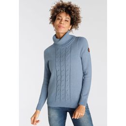 Rollkragenpullover Kangaroos, Damen, Gr. 44/46, blau (lightblau melange), Strick, Obermaterial: 60% Baumwolle, 40% Polyacryl, Zopfmuster, meliert, figurumspielend h&uuml;ftbedeckend, Rippb&uuml;ndchen, Pullover Rollkragenpullover, mit tollem Zopf-Strickmuster