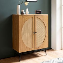 FineBuy Kommode in Eiche Dekor 80 cm Sideboard mit 2 Türen aus Wiener Rattan Geflecht Design Highboard