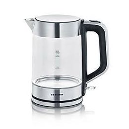Severin Wasserkocher, 1,7 Liter, 2.200 Watt, Edelstahl/Glas, Dampfstopp‑Automatik, herausnehmbarer Kalkfilter, B 240 x T 140 x H 245 mm, Schwarz/Silber