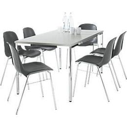 Tischgruppe, mit Stapelstuhl BETA, Bezug anthrazit, 6 Stück + Konferenztisch, B 1600 x T 800 mm, lichtgrau