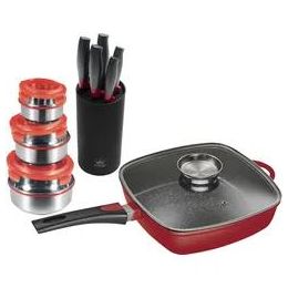 Pfannen-Set King "Square", rot, Pfannen, Eckpfanne, Messerblock, 5 Kochmesser, 3tlg. Dosen-Set, Induktion