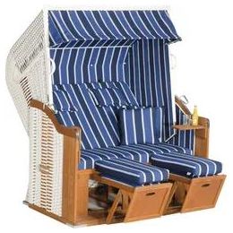 Strandkorb SUNNYSMART "Rustikal 250 Plus XL, TOPSELLER", weiß (korpus: natur, weiß bezug: blau), StrandkörbeB:145cm H:160cm T:90cm, 2 XL-Sitzer, komplett montiert, Oberkorb in einem Stück geflochten, B:145cm H:160cm T:90cm