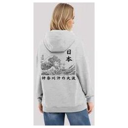 Kapuzenpullover F4NT4STIC "Kanagawa Welle Golden Gai", Damen, Gr. XS, grau (grau melange), Obermaterial: 80% Baumwolle, 20% Polyester, oversize, Pullover, Premium Qualität