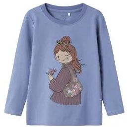 Langarmshirt name it "NMFOTREA LS TOP BOX", Mädchen, Gr. 104, blau (blau ice), Jersey, Obermaterial: 100% Baumwolle, bedruckt, casual, regular fit, Rundhals, Langarm, Shirts