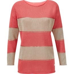 CREATION L PREMIUM Damen Rundhalspullover aus reinem Leinen beige-grapefruit-geringelt Größe 38