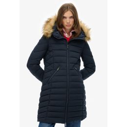 Steppjacke Superdry "FUJI FAUX FUR HOOD MID LENGTH", Damen, Gr. XXL, blau (eclipse navy), Web, Obermaterial: 100% Polyester, unifarben, slim fit, Jacken