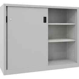 Pavoy Schwerlast-Schiebet&uuml;renschrank, H&ouml;he 1200 mm, Vollblecht&uuml;ren, BxT 1500 x 600 mm, mit Trennwand und 2 x 2 Fachb&ouml;den, T&uuml;r lichtgrau