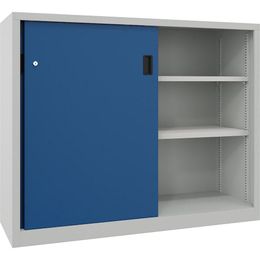 Pavoy Schwerlast-Schiebet&uuml;renschrank, H&ouml;he 1200 mm, Vollblecht&uuml;ren, BxT 1500 x 600 mm, mit Trennwand und 2 x 2 Fachb&ouml;den, T&uuml;r enzianblau