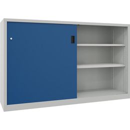 Pavoy Schwerlast-Schiebet&uuml;renschrank, H&ouml;he 1200 mm, Vollblecht&uuml;ren, BxT 2000 x 600 mm, mit Trennwand und 2 x 2 Fachb&ouml;den, T&uuml;r enzianblau
