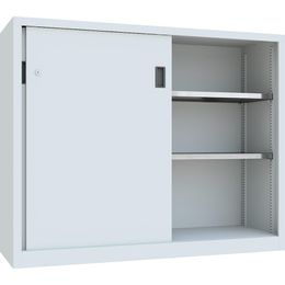 Pavoy Schwerlast-Schiebet&uuml;renschrank, H&ouml;he 1200 mm, Vollblecht&uuml;ren, BxT 1500 x 500 mm, mit Trennwand und 2 x 2 Fachb&ouml;den, T&uuml;r lichtgrau