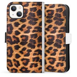 DeinDesign iPhone 13 Handy Klapphülle Handyhülle aus Kunst Leder weiß Flip Case Animal Print Fur Leopard Sideflip mit Lasche