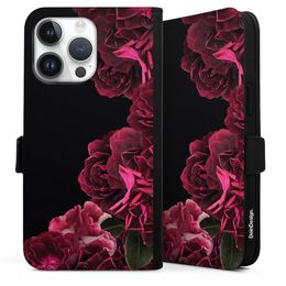 DeinDesign iPhone 14 Pro Max Handy Klapph&uuml;lle Handyh&uuml;lle aus Kunst Leder schwarz Flip Case Vintage Rose Pink Sideflip mit Lasche