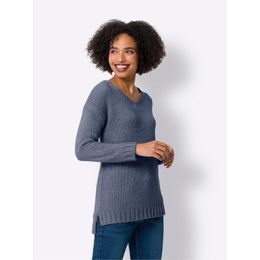 Heine Witt Damen V-Ausschnitt-Pullover mit Seitenschlitzen, rauchblau-meliert, Größe 46
