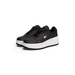 Keilsneaker Tommy Jeans "TJW RETRO BASKET FLATFORM", Damen, Gr. 39, schwarz, Leder, Lederimitat, Schuhe, Plateau, Freizeitschuh, Schnürschuh, mit Lochmuster, im Basket-Look
