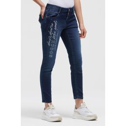 Slim-fit-Jeans SOCCX, Damen, Gr. 30, Normalgr&ouml;&szlig;en, blau, Material: 68% Baumwolle, 16% Polyester, 14% Lyocell, 2% Elasthan, Zusatz: Enth&auml;lt nichttextile Teile tierischen Ursprungs (Badge), bedruckt, slim fit, Jeans Slim-fit-Jeans, mit verk&uuml;rztem Bein