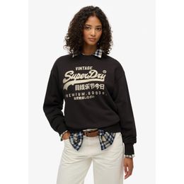 Sweatshirt Superdry "EMBELLISHED VL LOOSE CREW", Damen, Gr. XS, schwarz (bison schwarz), Sweatware, Obermaterial: 100% Seide, bedruckt, unifarben, relaxed fit hüftlang, Rundhals, Rippbündchen, Sweatshirts