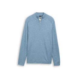 Tom Tailor Herren Troyer Strickpullover mit Logo-Stickerei, blau, Meliert, Gr. XL