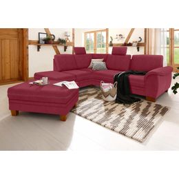Ecksofa Home Affaire "Husum L-Form", rot (bordeaux), B:269cm H:90cm T:219cm, Luxus-Microfaser mit Druck (100% Polyester);Luxus-Microfaser in Lederoptik (100% Polyester);Luxus-Microfaser ALTARA NUBUCK (100% Polyester), Sofas, Ecksofa, mit Sitztiefenverstellung, Federkern-Polsterung und Kontrastnaht